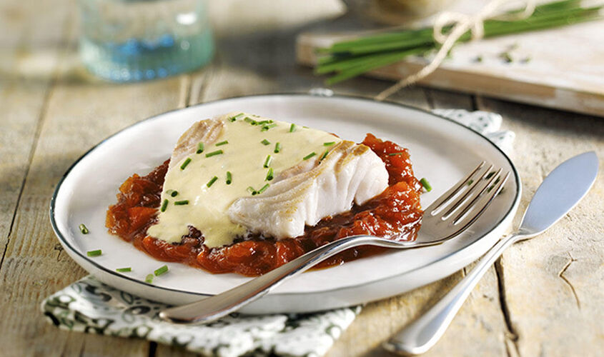 Ventrescas de bacalao al caramelo de tomate